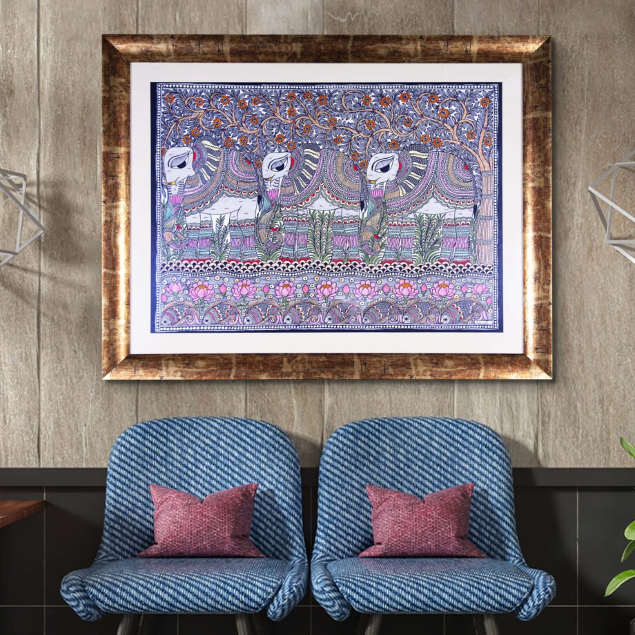 Madhubani painting Elephants under the tree Signifies Strength - Art Gali